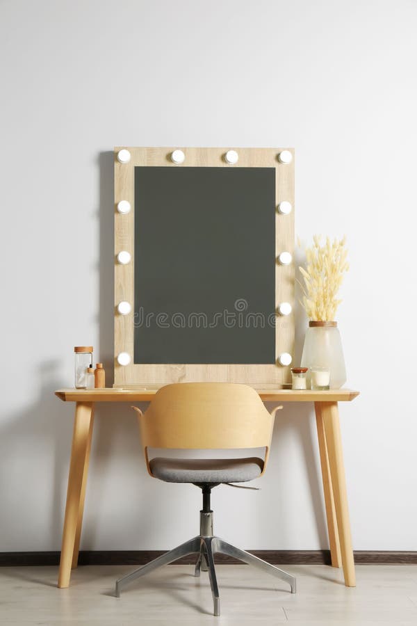 Dressing Table with Stylish Mirror, Dried Reeds and Other Decorative ...