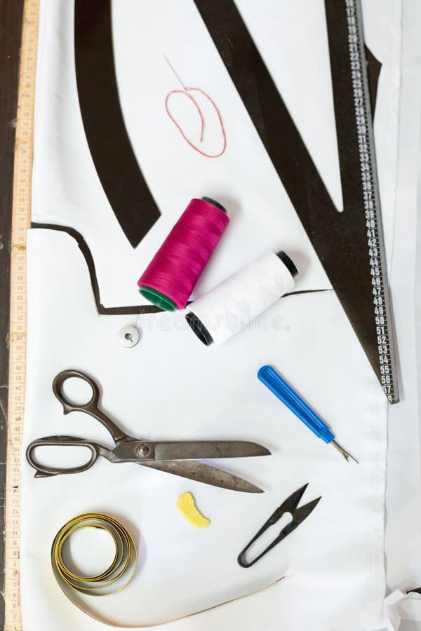 Dressmaker S Work Tools on a Table. Scissors, Meter, Threads and Rulers ...
