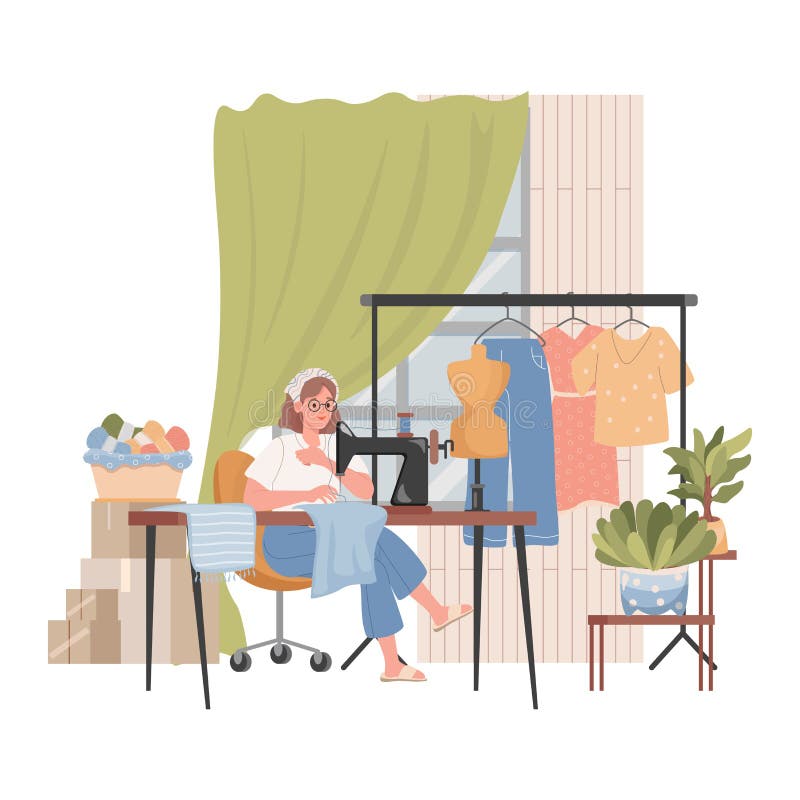 Dressmaker Sews Clothes on Sewing Machine Vector Flat Illustration ...