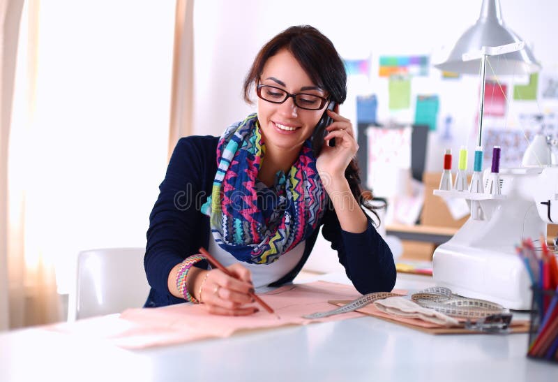 Dressmaker Woman Designing Clothes Pattern on Paper Stock Image - Image ...
