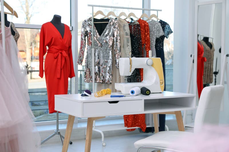 Dressmaking Workshop Interior with Female Clothes and Equipment Stock ...