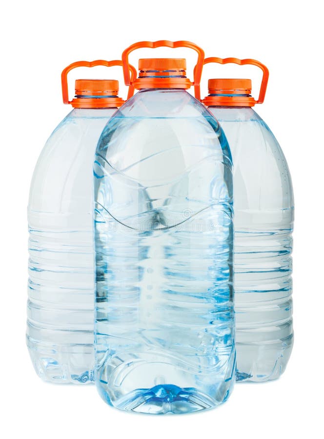 Drie Grote Volledige Plastic Waterflessen Met Oranje Kappen Stock Foto ...