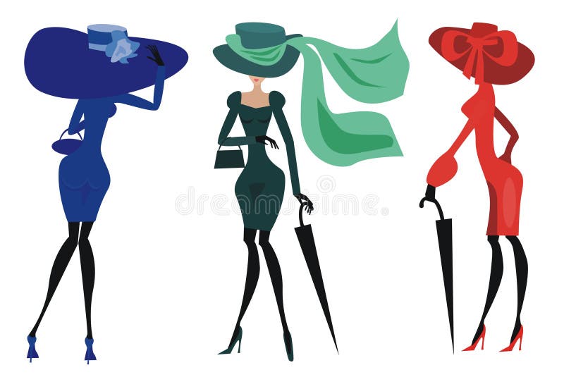 Drie vrouwen met hoeden vector illustratie. Illustration of hoed - 15422001