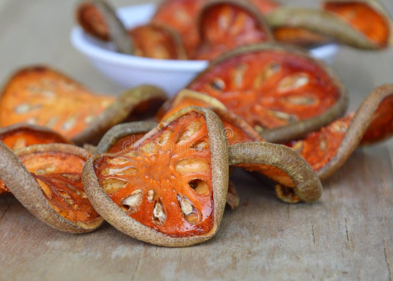 Dried Bael Fruit on Wooden Board Stock Image - Image of circle, scent ...