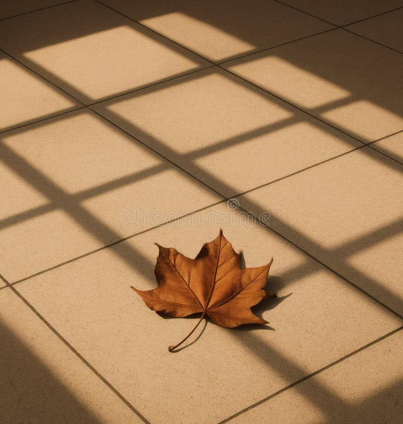 Dry Maple Leaf on Beige Tiled Floor with Sunlight and Window Grid Shadows in Minimalist Autumn ...