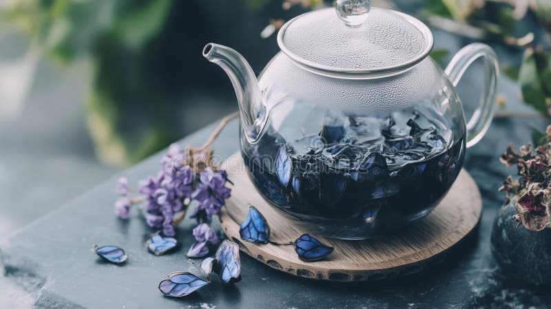 Dried Butterfly Pea Flowers Steeping in Tea Stock Image - Image of food ...