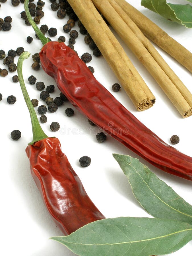 Dried Chilli, Bay Leaves,pepper and Cinnamon5 Stock Image - Image of ...
