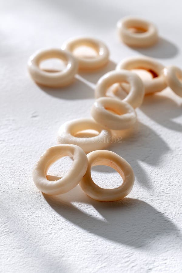 Dried Circular Snacks Laid Out on Textured White Surface Casting Soft ...