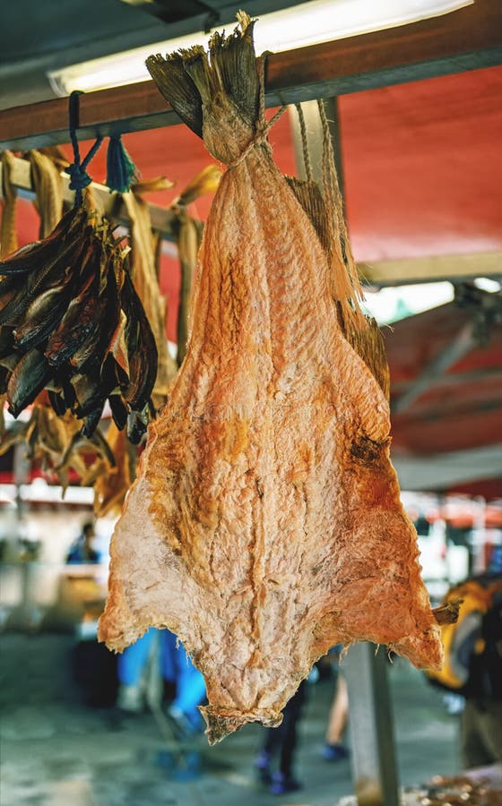 Dried Cod, Bacalhau Hanging at the Market in Bergen. the Vertical Frame ...