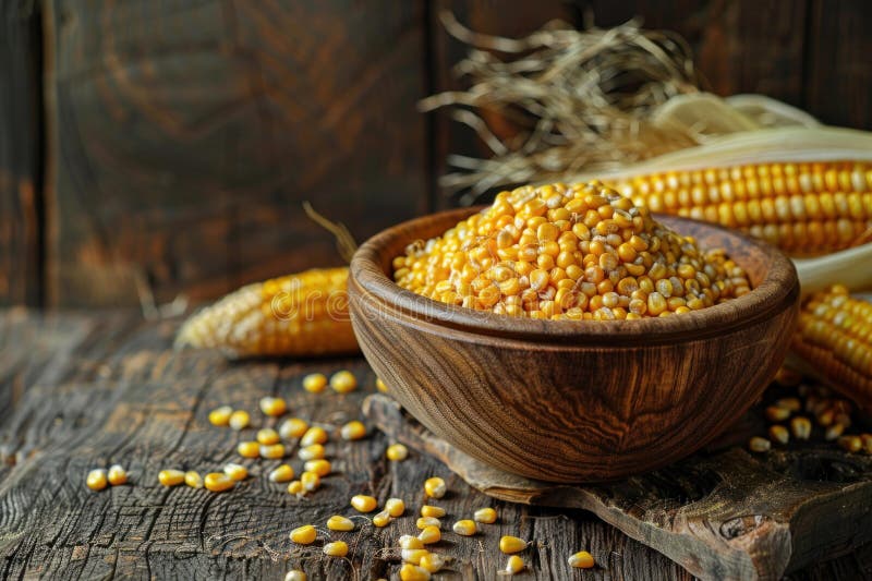 Dried Corn Kernels Filling Wooden Bowl on Rustic Table Stock Image ...
