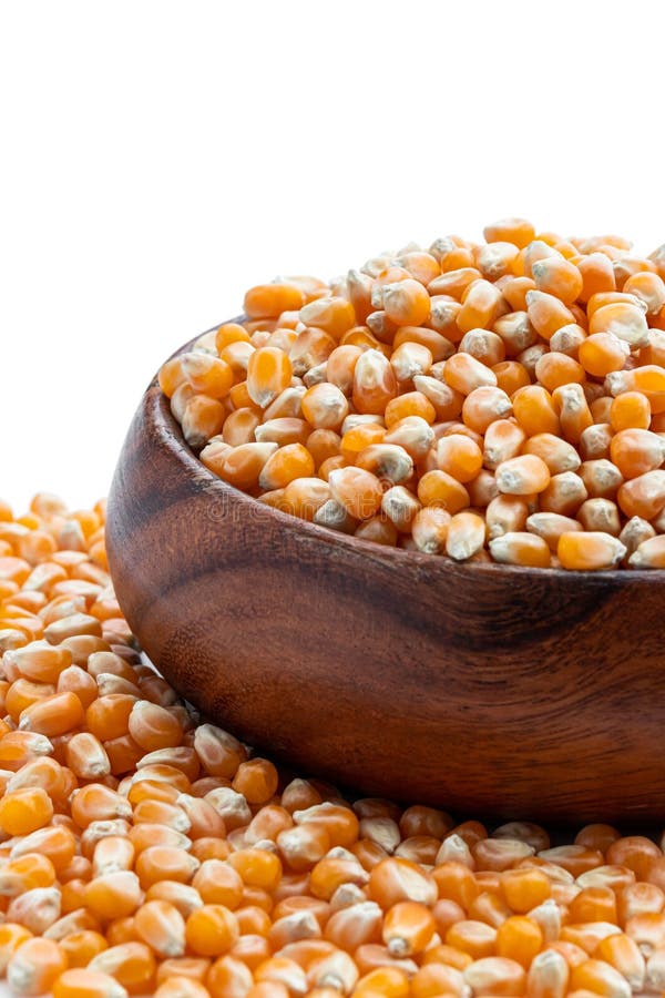 Dried Corn Kernels in Wooden Bowl Isolated on White Stock Photo - Image ...
