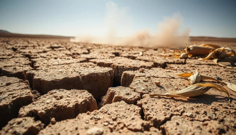 Dried Cracked Earth with Dust Cloud and Corn, Symbolizing Drought and ...
