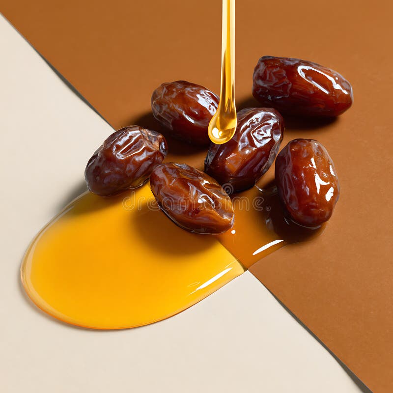 Dried Dates with Golden Syrup on Beige Background, Top View Stock ...