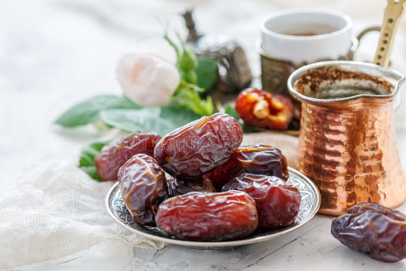 Organic Dried Dates on a Bronze Plate. Stock Image - Image of style ...