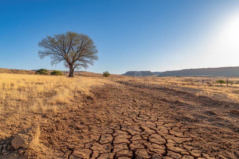 Lone Tree in Dried-Up Landscape Stock Illustration - Illustration of ...