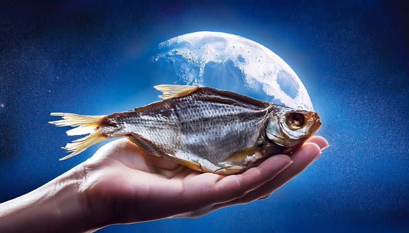 Dried Fish Held in Hand Against Night Sky and Moon Stock Illustration ...