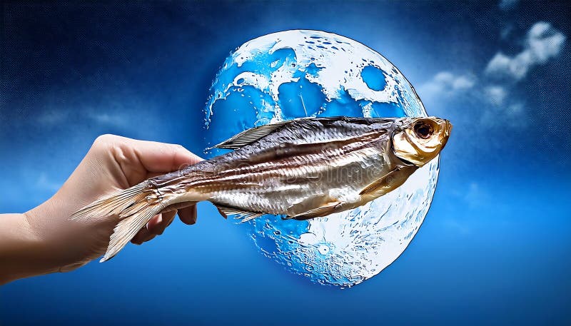 Dried Fish Held in Hand Against Night Sky and Moon Stock Illustration ...