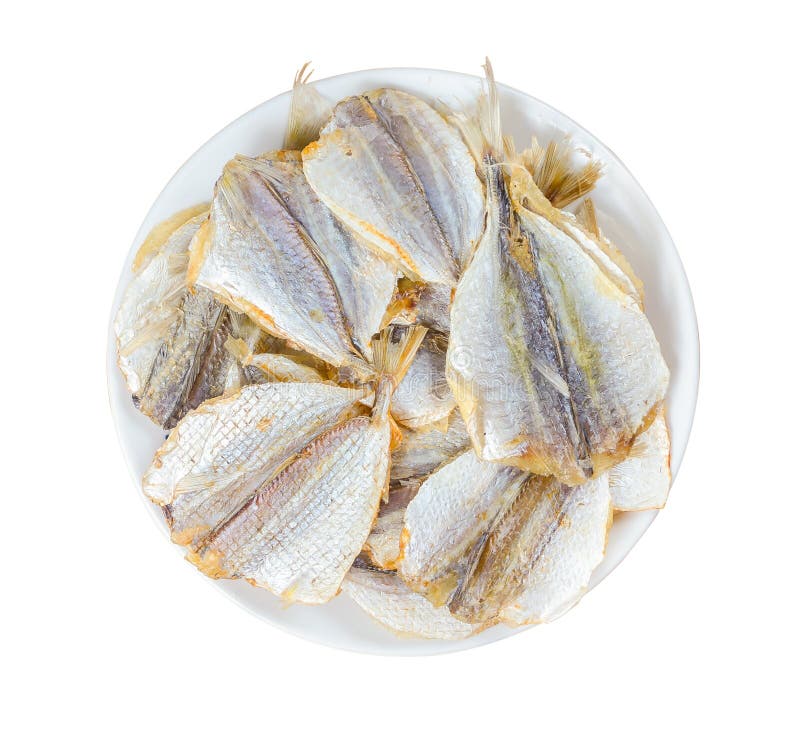 Dried Fish in a Round Plate Isolated on White Stock Photo - Image of ...