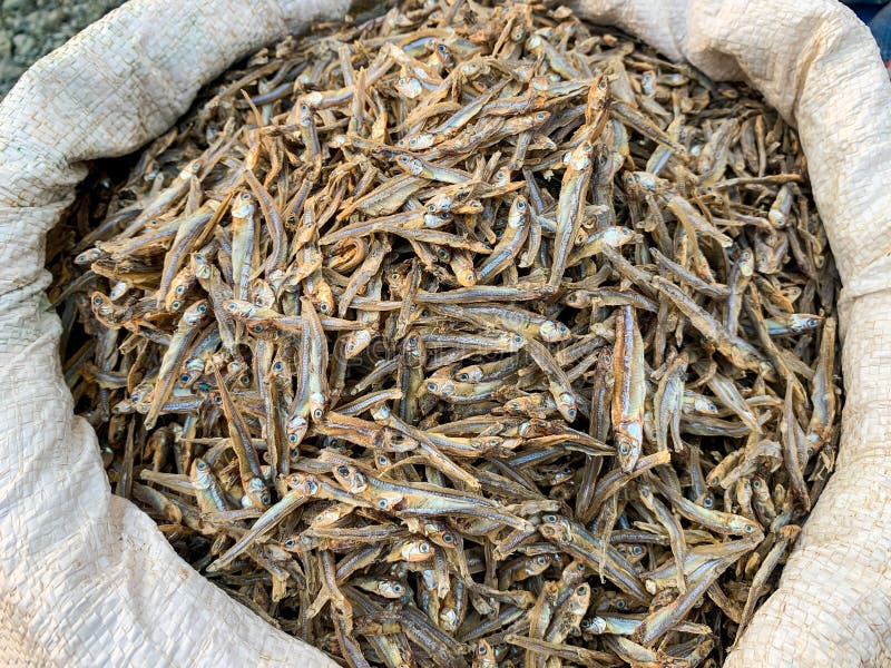 Dried Fish on a White Sack Sold in the Market Stock Photo - Image of ...