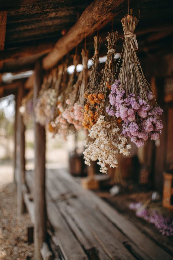 Dried Flower Bouquets Hanging in Rustic Wooden Structure Stock ...