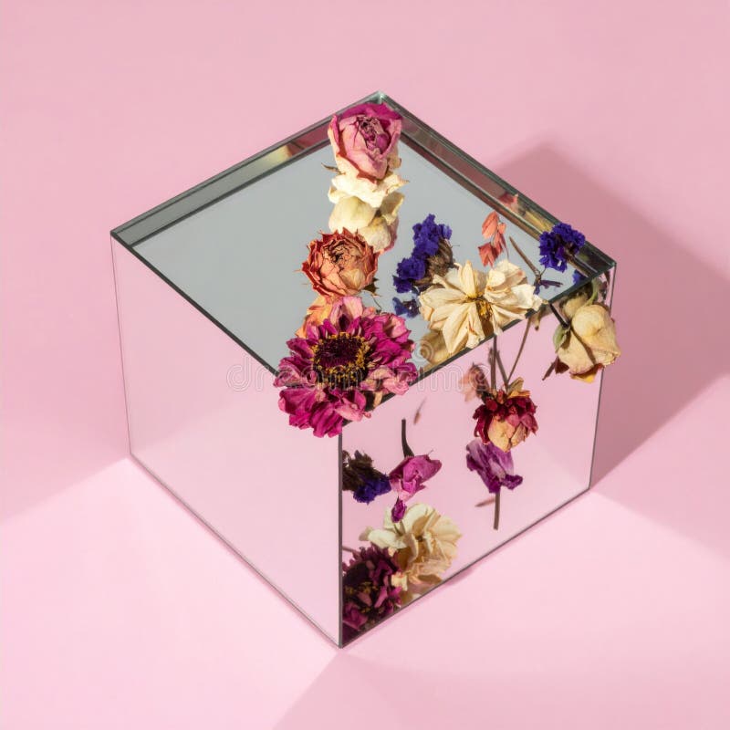Dried Flowers in Pink Mirrored Cube Stock Illustration - Illustration ...