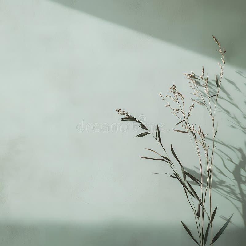 Dried Flowers Shadow Minimalist Green Wall Background Botanical Stock ...