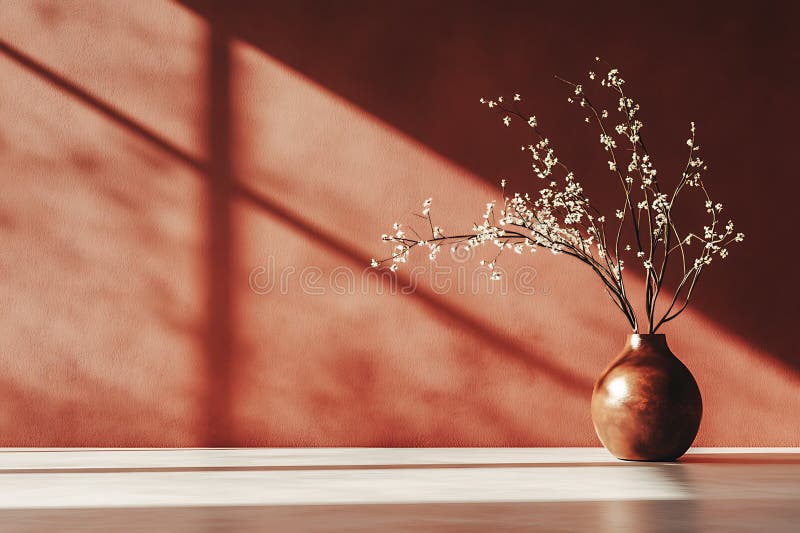 Dried Flowers in Vase, Sunlit Terracotta Wall Stock Illustration ...