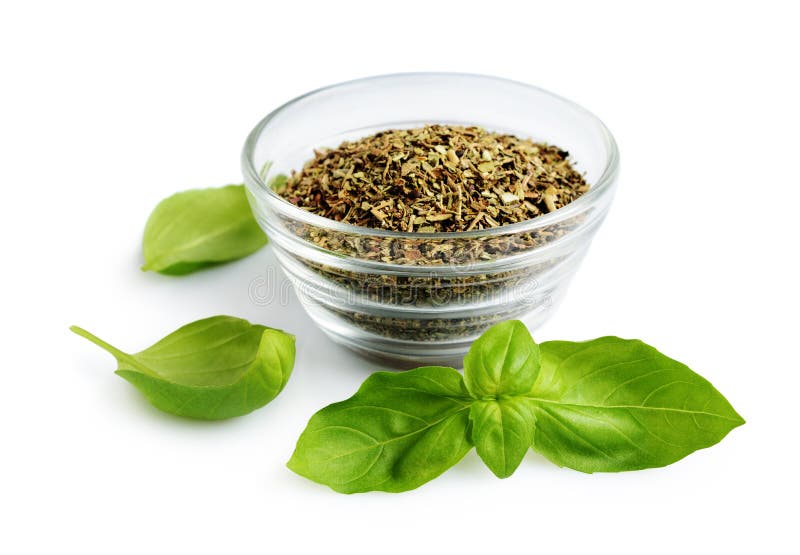 Dried Crushed Basil Leaves And Fresh Basil Isolated On White Stock ...