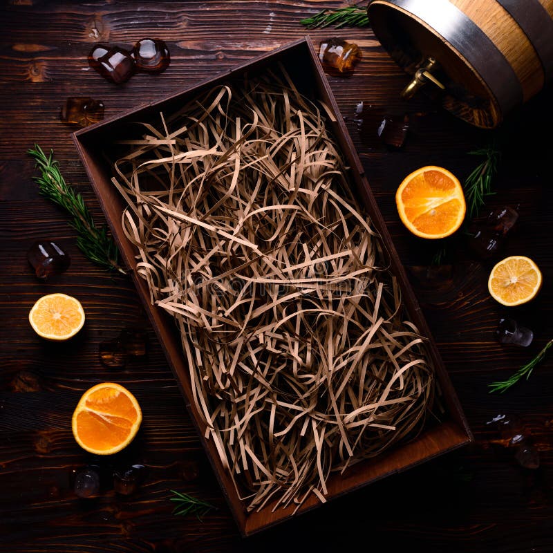 Dried Fruit and Wooden Box with the Paper Packages, Empty Wooden Box ...