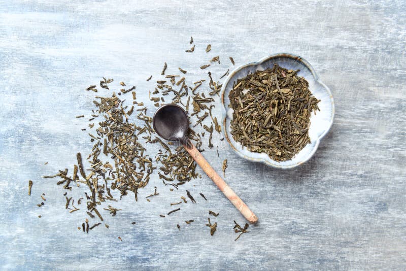 Dried Green Tea Leaves on Bright Background. Stock Photo - Image of ...