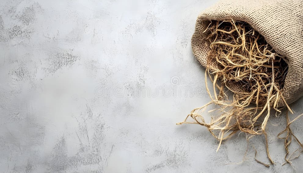 Dried Hay in Burlap Sack on Light Grey Textured Table, Above View ...