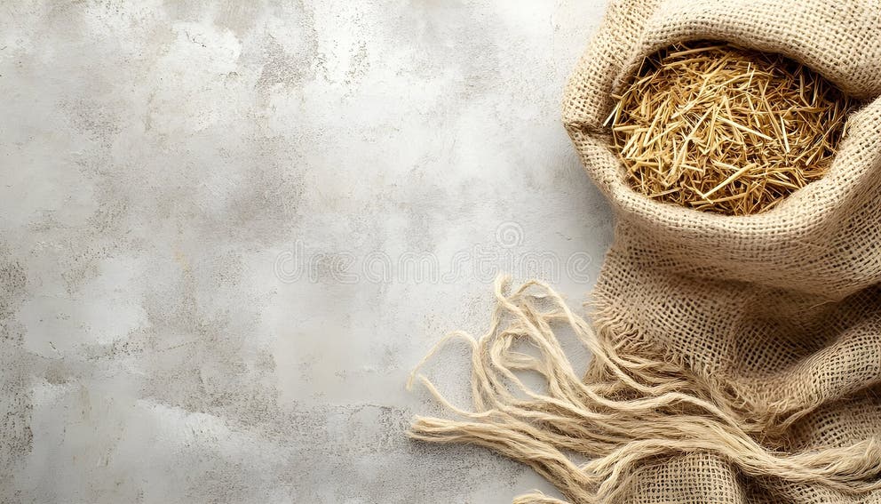 Dried Hay in Burlap Sack on Light Grey Textured Table, Above View ...