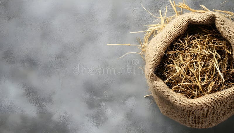 Dried Hay in Burlap Sack on Light Grey Textured Table, Above View ...