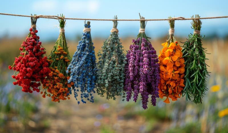 Dried Herbs Hanging Outdoors. a Line of Dried Herbs Hangs from a Rope ...