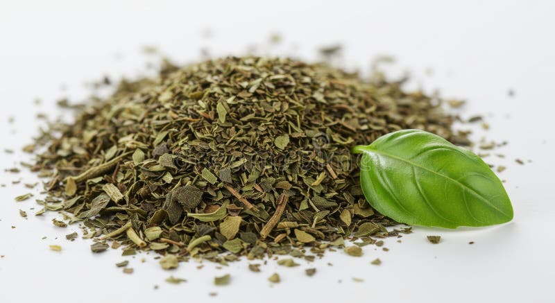 Dried Herbs Pile with Fresh Basil Leaf on White Surface Stock ...