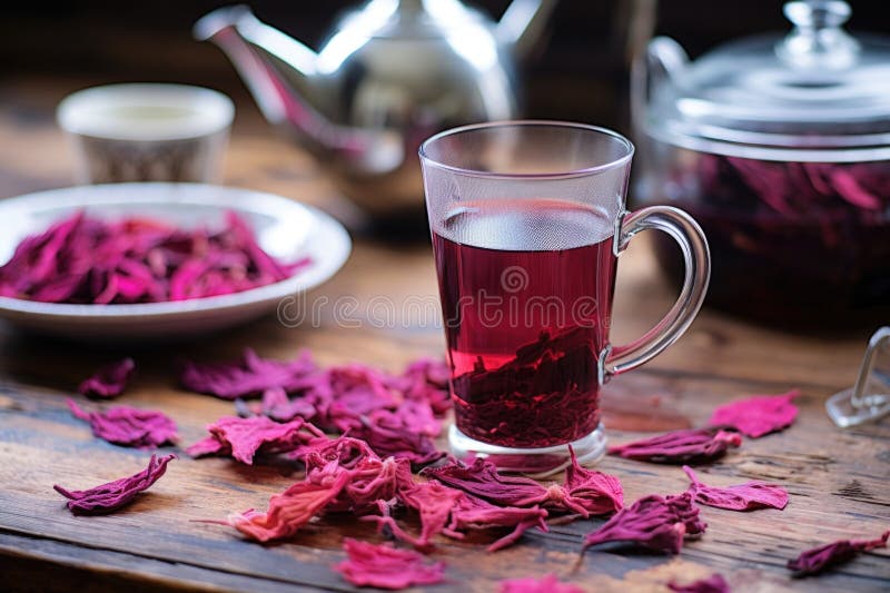 Dried Hibiscus Flowers beside Steeping Hibiscus Tea Stock Image - Image ...