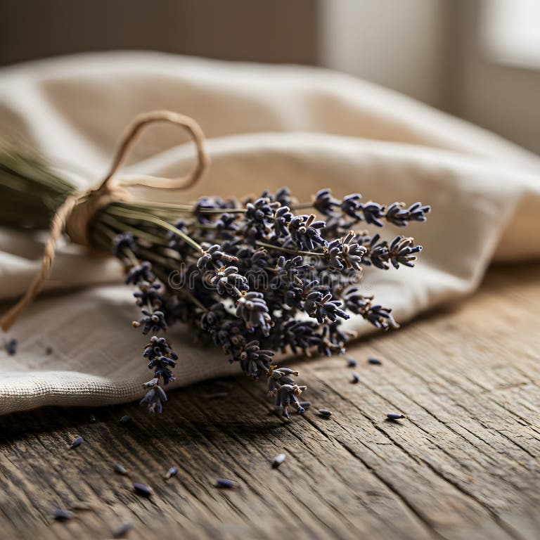 Dried Lavender Bundle on Rustic Wood and Fabric Calm Relaxation Stock ...