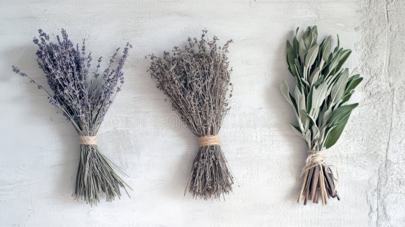 Dried Lavender, Thyme, and Sage Bundles on Rustic White Background Stock Image - Image of ...