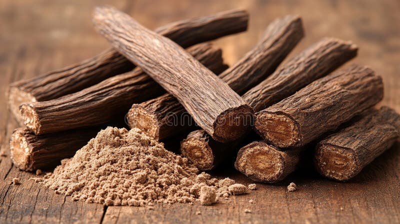 Dried Licorice Root and Powder on Rustic Wooden Surface Stock ...