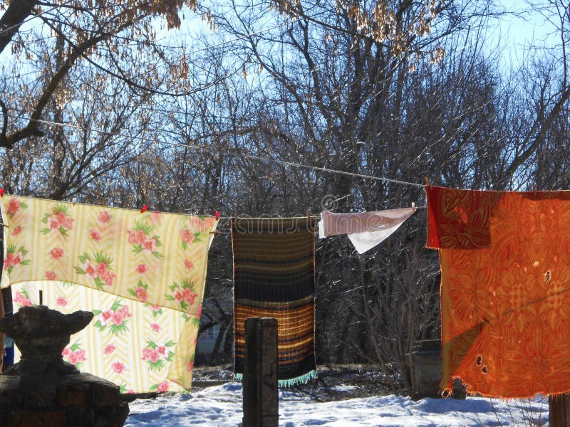 Landscape with Dried Colorful Linen Behind the Trees in the Old Yard ...