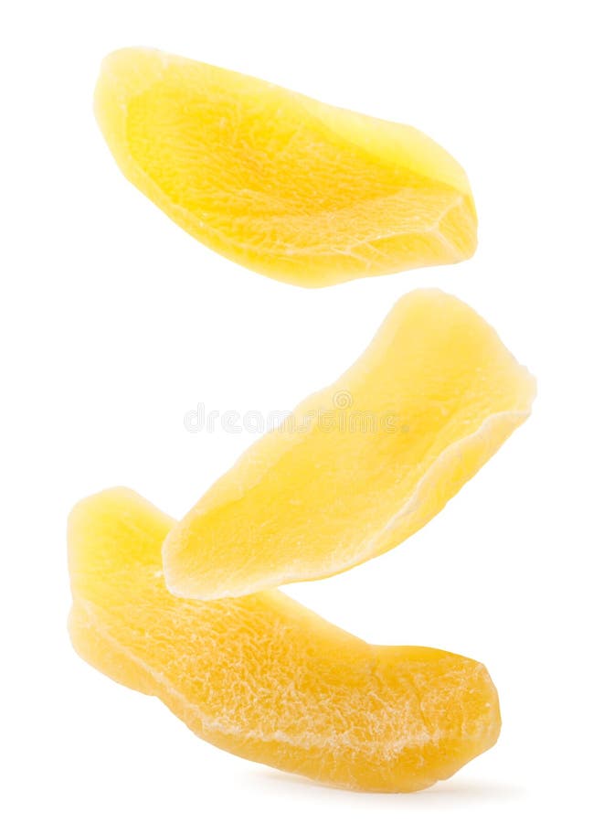 Dried Mango Slices Falling on a White Background. Isolated Stock Image ...