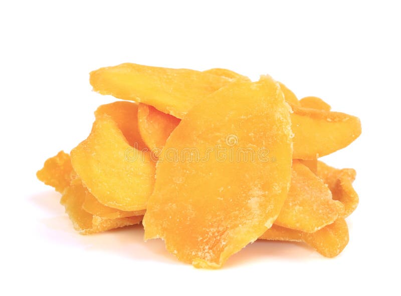 Dried Mango Strips In Wooden Bowl Over White Stock Image - Image of ...