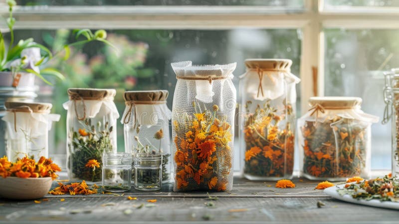 Dried Medicinal Herbs and Flowers on the Table Stock Illustration ...