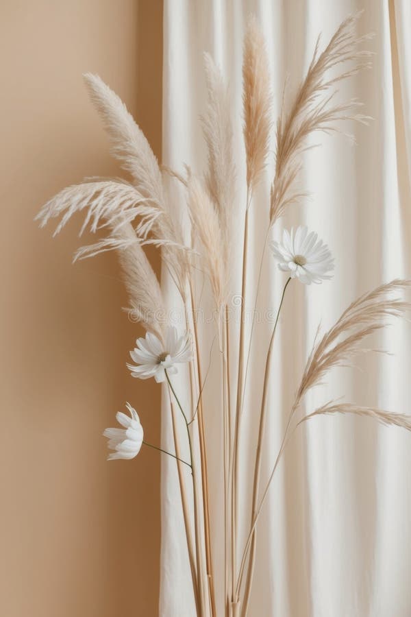 Dried Pampas Grass and White Flowers on Beige Background. Stock Photo ...