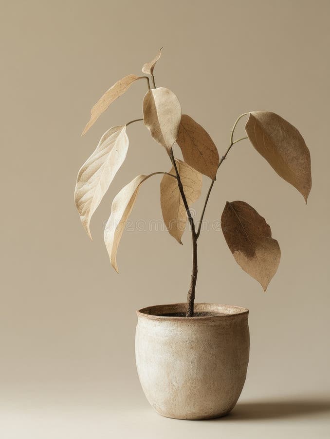Dried Plant in Pot with Beige Background. Stock Photo - Image of ...