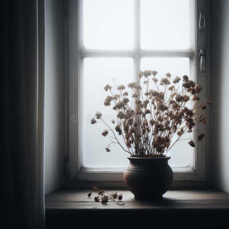 A Dried Plant in a Pot Near an Old Window. Stock Image - Image of ...