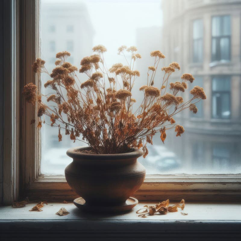 A Dried Plant in a Pot on a Window Sill. Stock Image - Image of dying ...