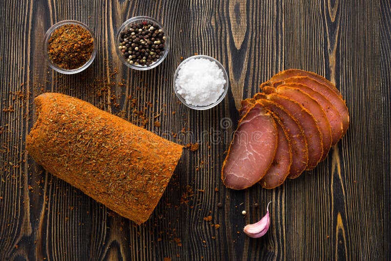 Dried pork meat sliced top stock photo. Image of healthy - 50138040