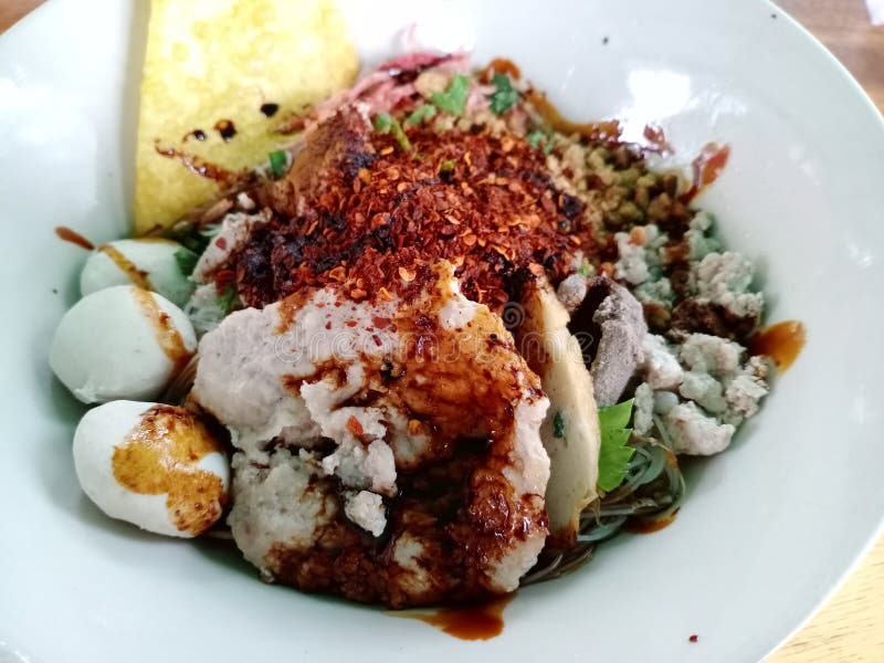 Dried Pork Tom Yum Noodles stock image. Image of cuisine - 217130391