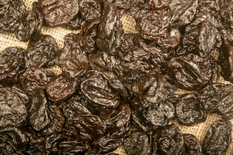 Dried Prunes in Bulk on Burlap with a Rough Texture. Close Up Stock ... Dried Prunes in Bulk on Burlap with a Rough Texture. Close Up Stock ...